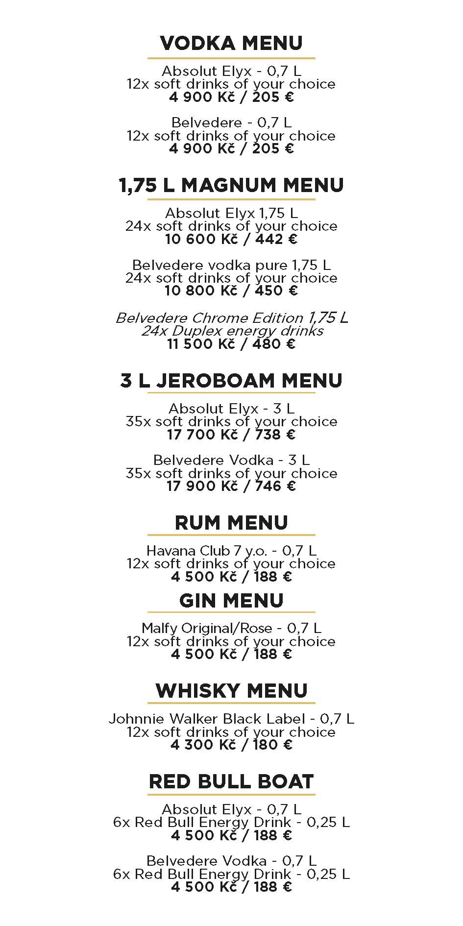 VIP Menu - Duplex Club Prague